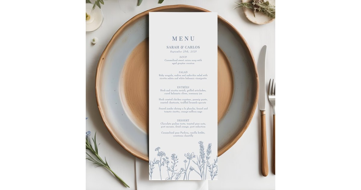 Periwinkle Wildflower Wedding Flat Menu | Zazzle
