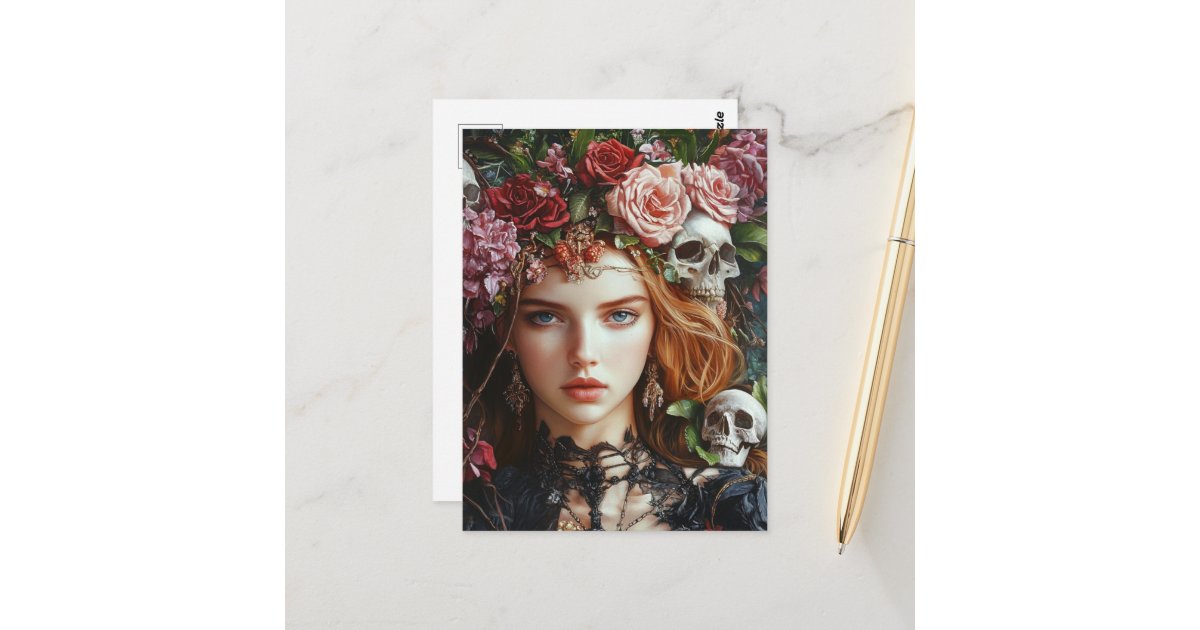 Persephone Roses and Skulls Postcard | Zazzle