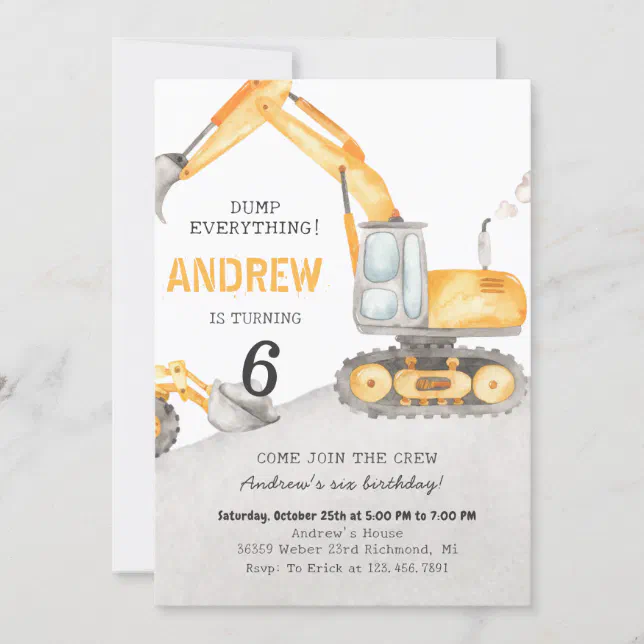 Personal A Modern Excavator Truck Birthday Party Invitation | Zazzle