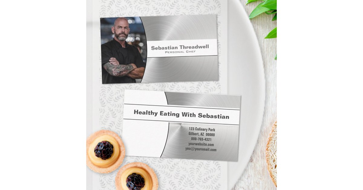 Personal Chef Brushed Steel Custom Photo Business Card | Zazzle