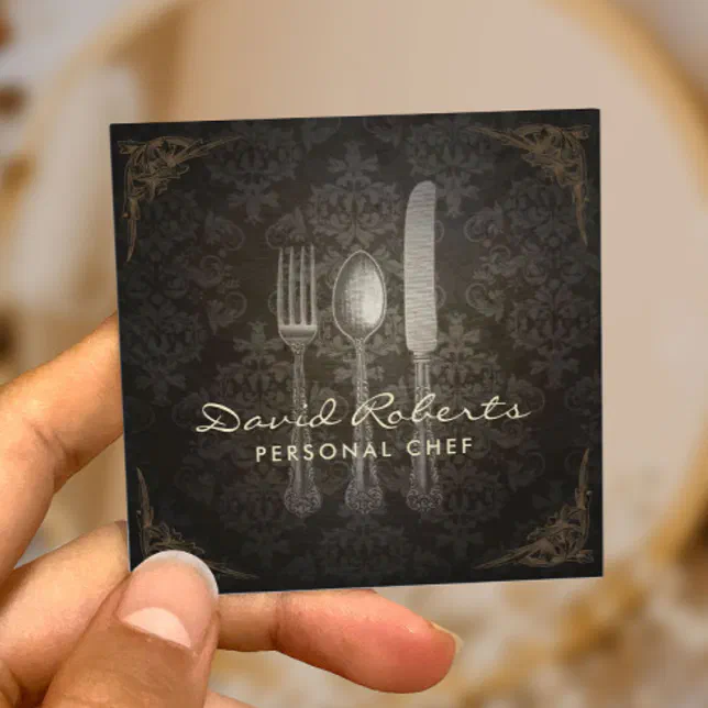 Personal Chef Catering Restaurant Vintage Damask Square Business Card ...