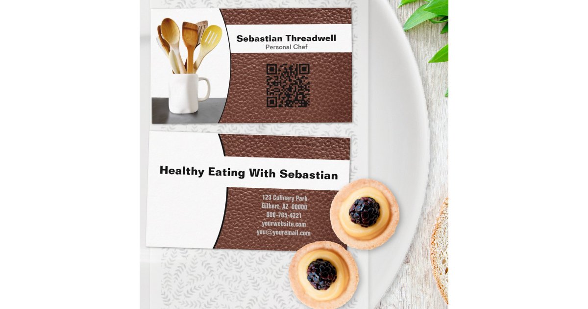 Personal Chef Spoons Leather Custom Photo QR Code Business Card | Zazzle