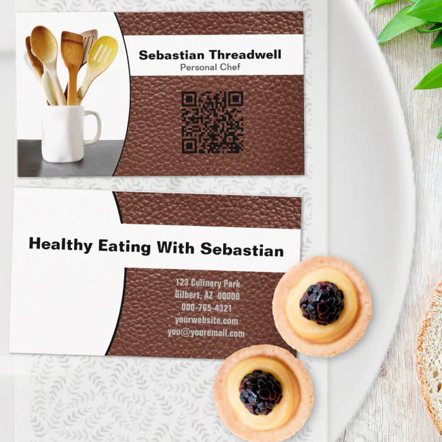 Personal Chef Spoons Leather Custom Photo QR Code Business Card | Zazzle