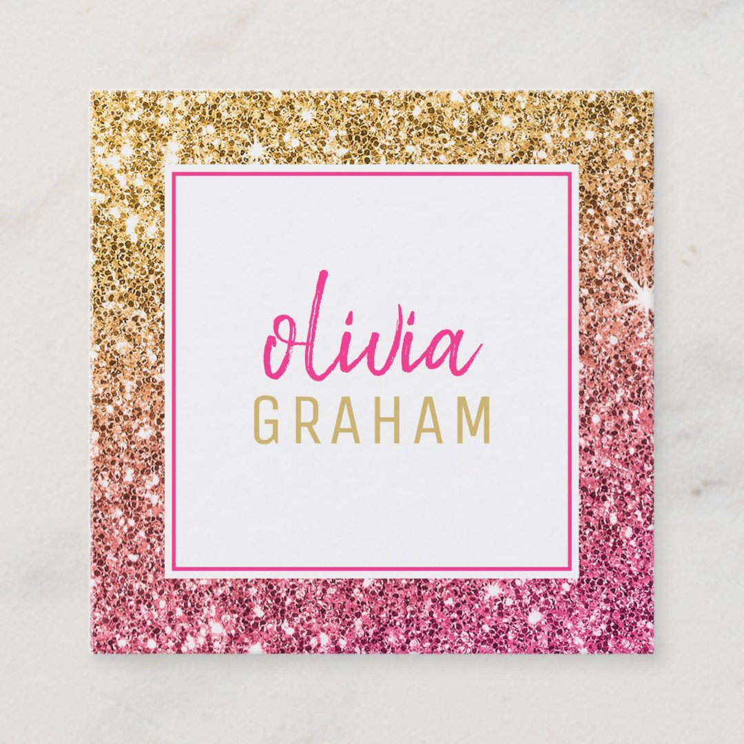 PERSONAL CONTACT bold border hot pink gold glitter Square Business Card ...