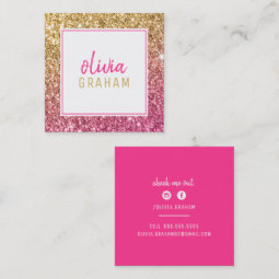 PERSONAL CONTACT bold border hot pink gold glitter Square Business Card ...
