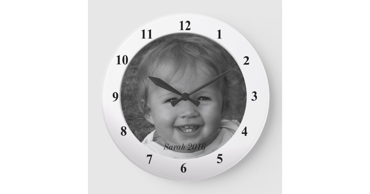 Personal Custom Photo and Text White Frame Large Clock | Zazzle