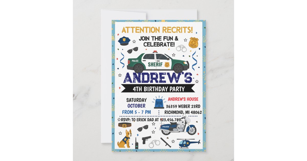 Personal Modern Sheriff Police Birthday party Invitation | Zazzle