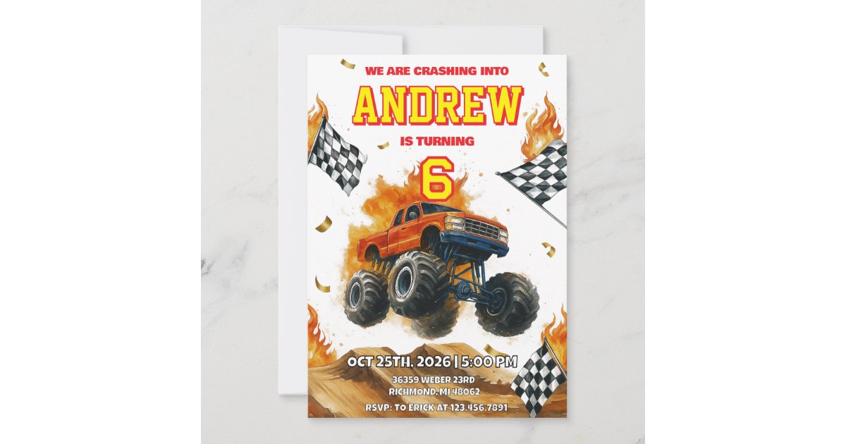 Personal Monster Truck off-road Birthday Party Invitation | Zazzle