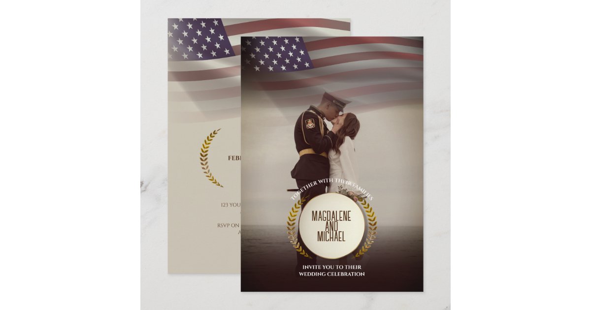 Personal Photo | USA Flag | Laurel Leaves Wedding Invitation | Zazzle