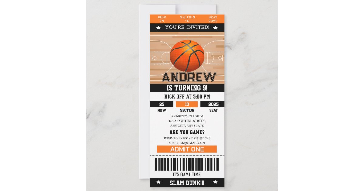 Personal Slam Dunk Birthday Bash Sports Ticket Invitation | Zazzle
