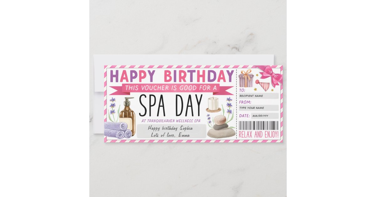 Personal Spa Day Gift Voucher Ticket Invitation | Zazzle