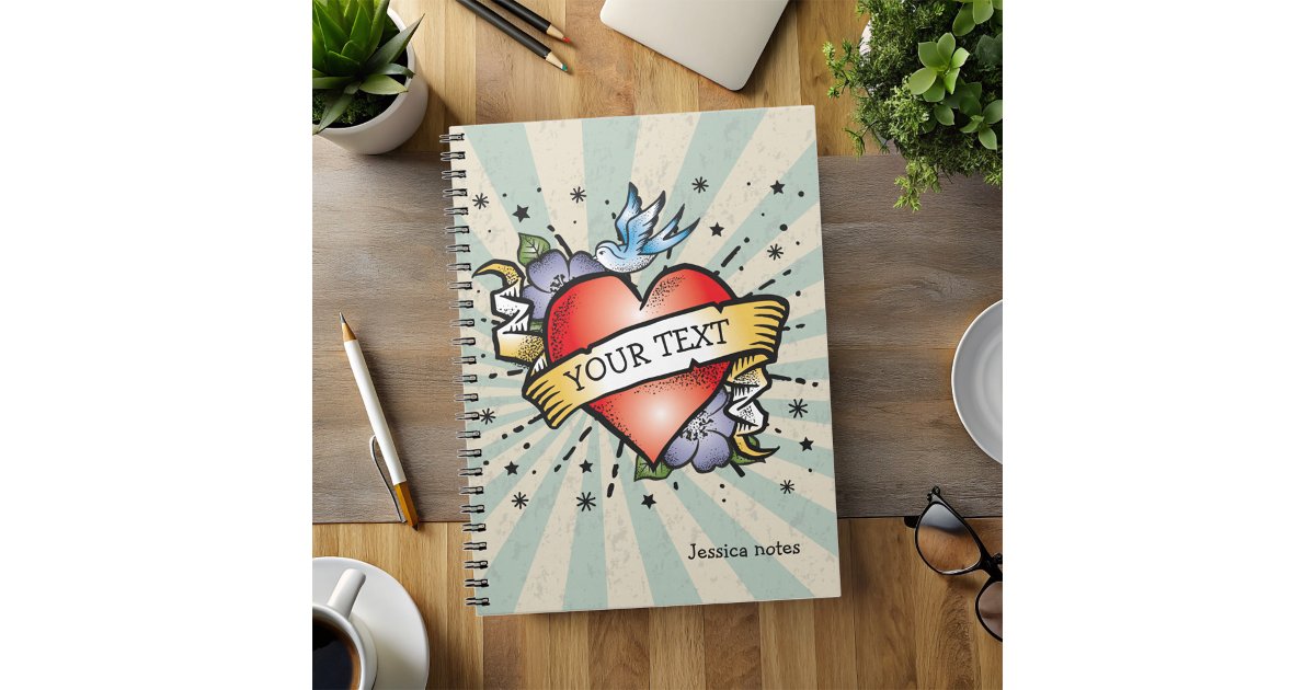 Personalised Heart Tattoo Retro Style Notebook | Zazzle