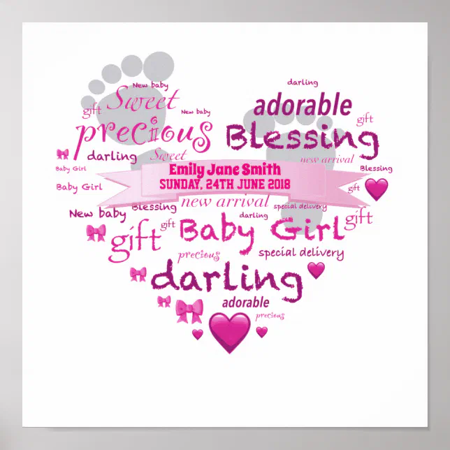 Personalised Name New Baby Girl Word Art Poster | Zazzle