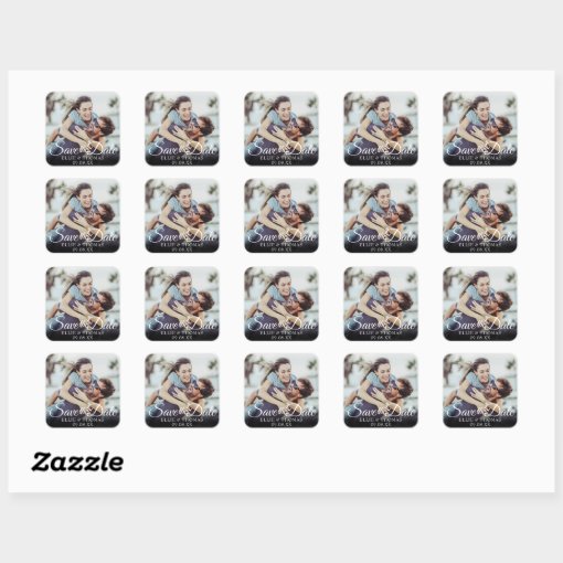 Personalised Names Photo Script Save the Date Square Sticker | Zazzle