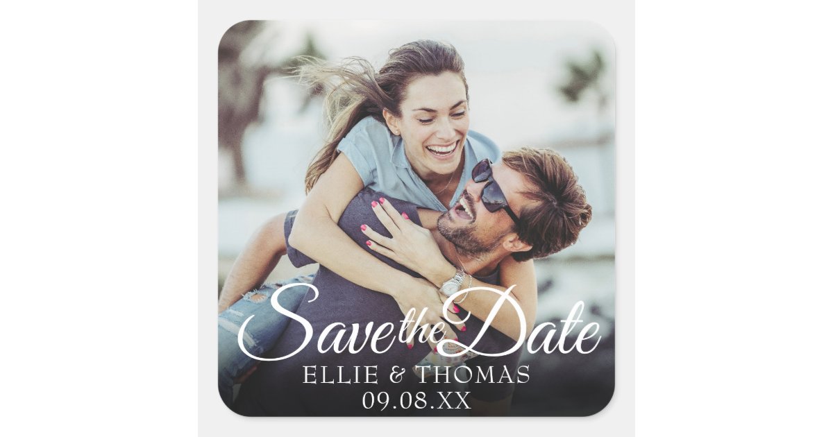 Personalised Names Photo Script Save the Date Square Sticker | Zazzle