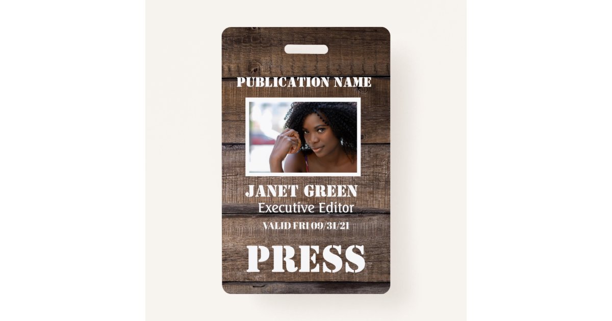 Personalised Rustic Photo Journalist Press Pass Badge | Zazzle