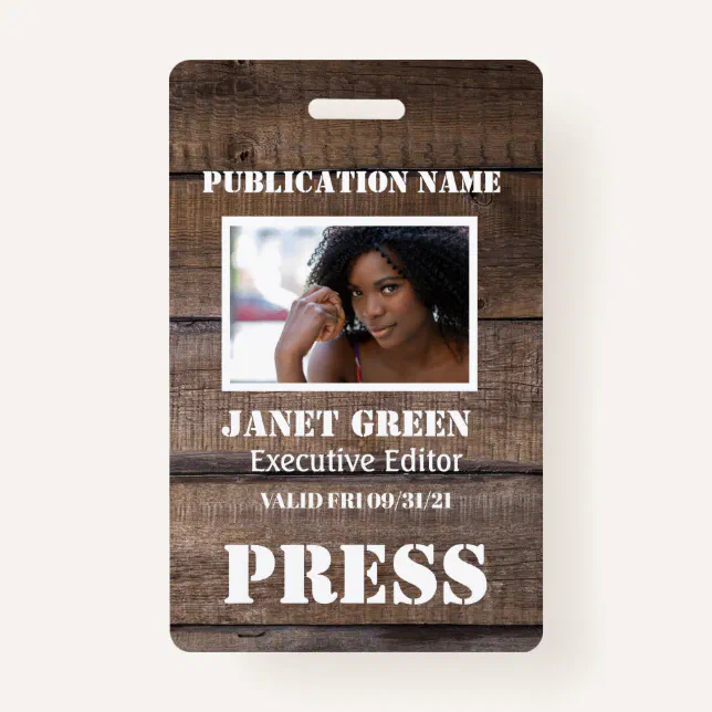 Personalised Rustic Photo Journalist Press Pass Badge | Zazzle