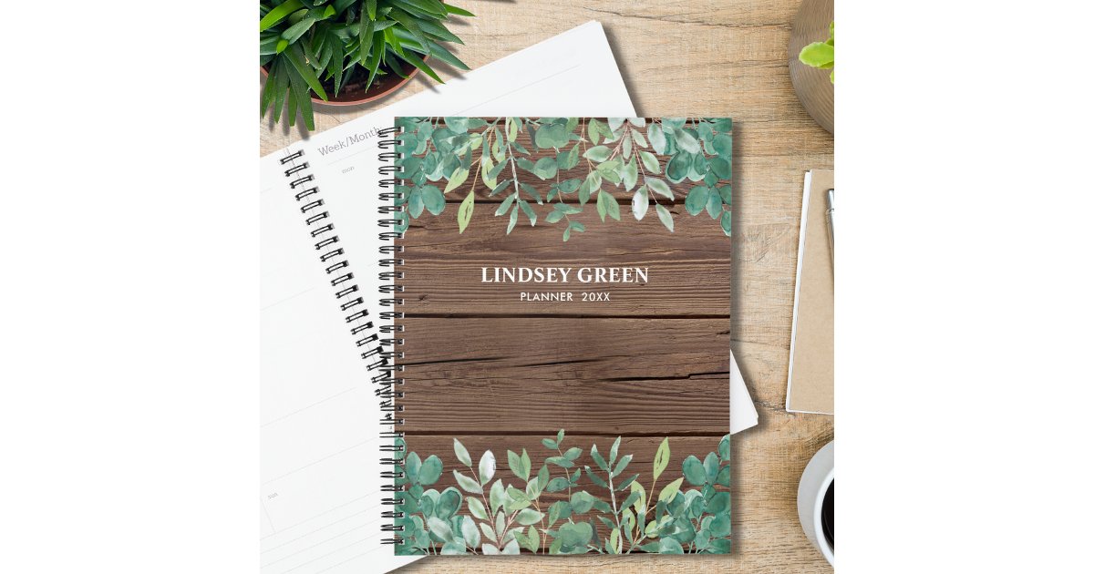 Personalize Barn Wood Eucalyptus Greenery Planner | Zazzle