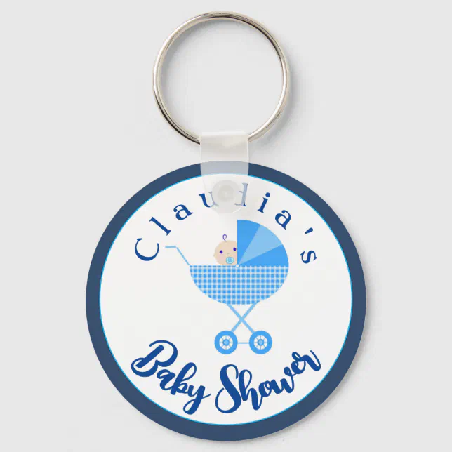 Personalize Blue Carriage Baby Shower Favor Keychain | Zazzle