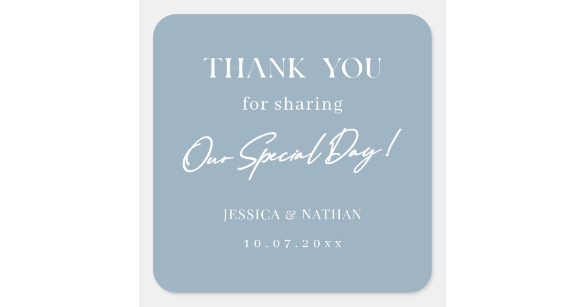 Personalize Elegant Wedding Thank You Dusty Blue Square Sticker | Zazzle