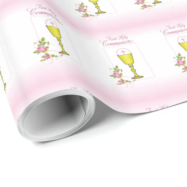Personalize Girl Name Pink First Holy Communion Wrapping Paper | Zazzle