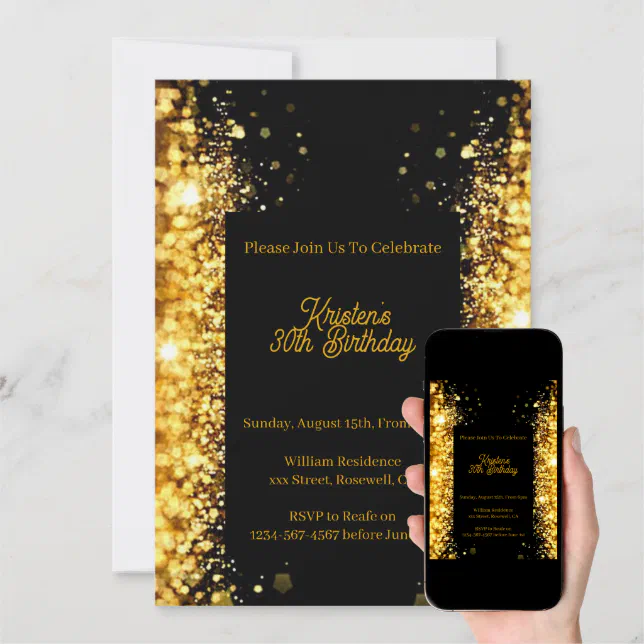 Personalize Gold Glitter Birthday Invitation | Zazzle