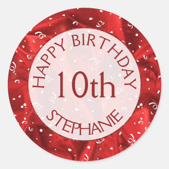 Personalize: "Happy Birthday" Red Textured Fabric Classic Round Sticker ...