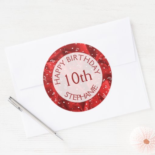 Personalize: "Happy Birthday" Red Textured Fabric Classic Round Sticker ...