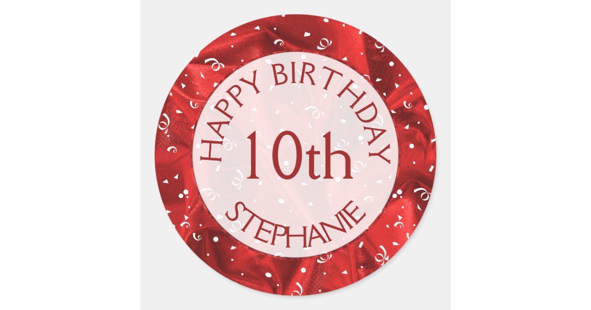Personalize: "Happy Birthday" Red Textured Fabric Classic Round Sticker ...