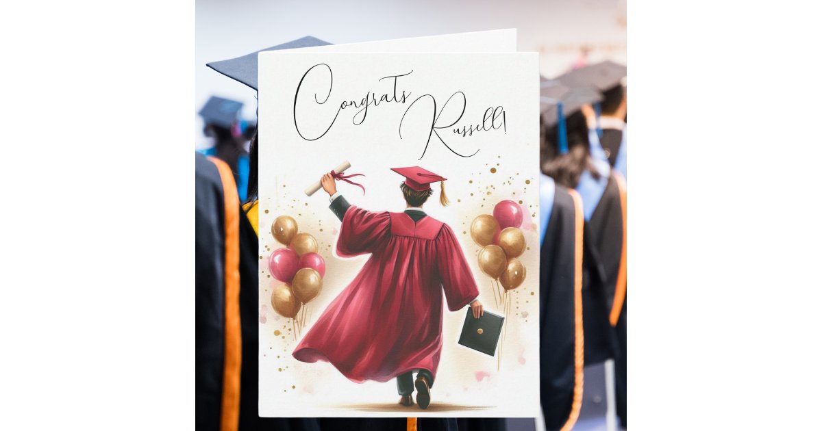 Personalize Happy Graduation Man Crimson Cap Gown Card | Zazzle