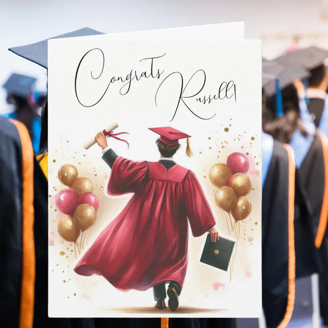Personalize Happy Graduation Man Crimson Cap Gown Card | Zazzle