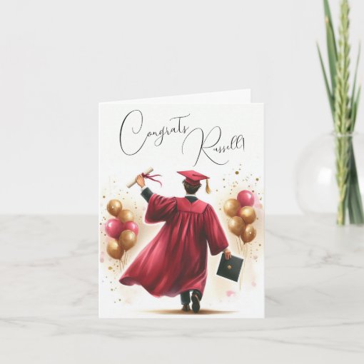 Personalize Happy Graduation Man Crimson Cap Gown Card | Zazzle