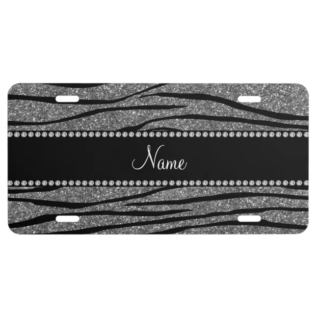 Personalize name light grey glitter zebra stripes license plate | Zazzle