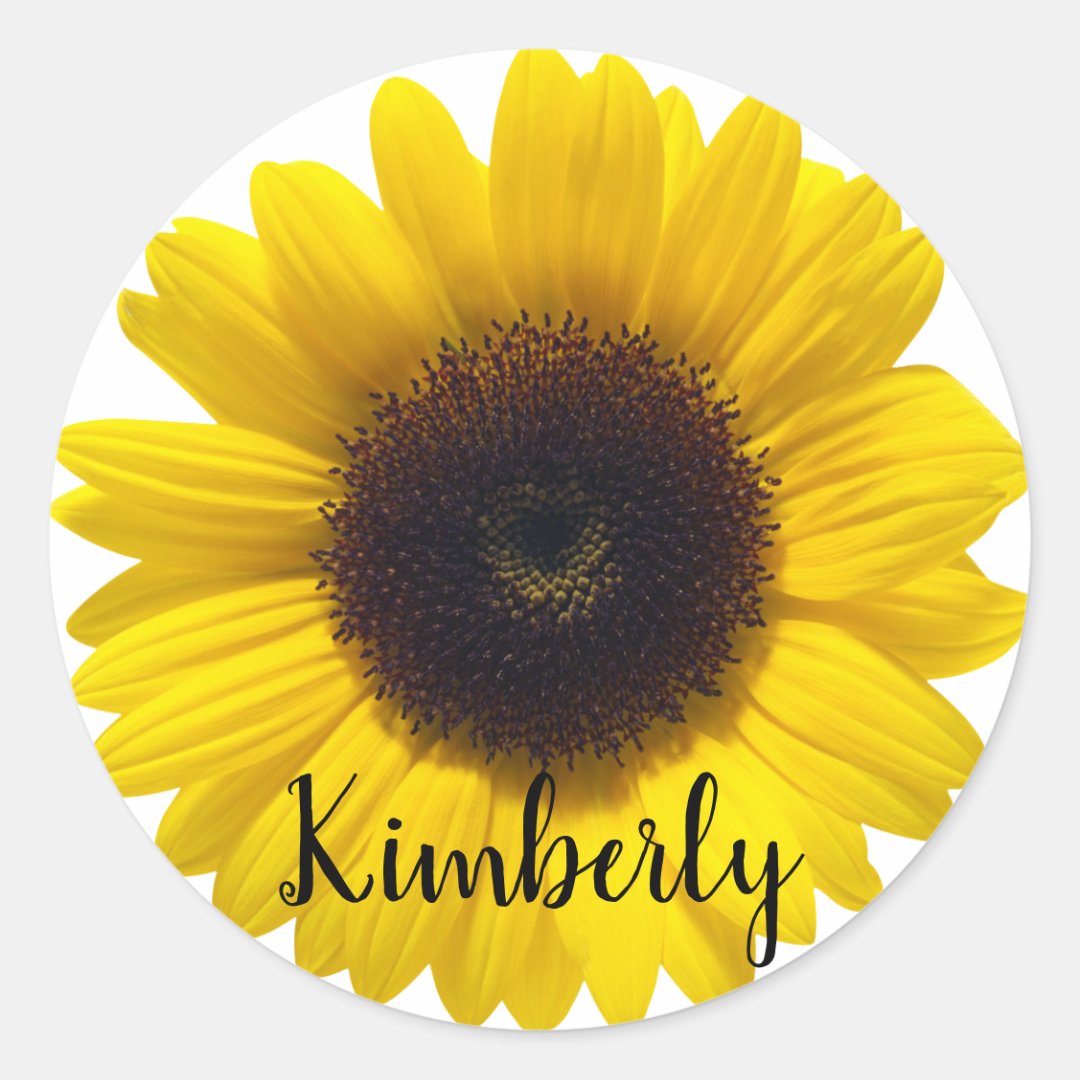 Personalize Name Sunflower Label Round Sticker | Zazzle