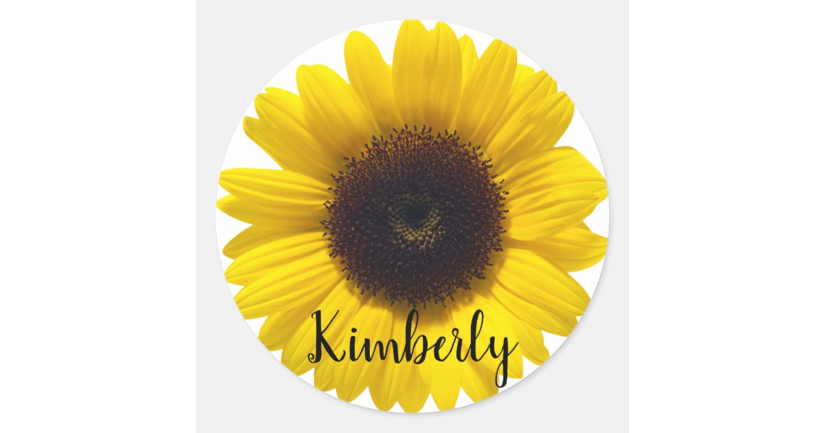 Personalize Name Sunflower Label Round Sticker | Zazzle