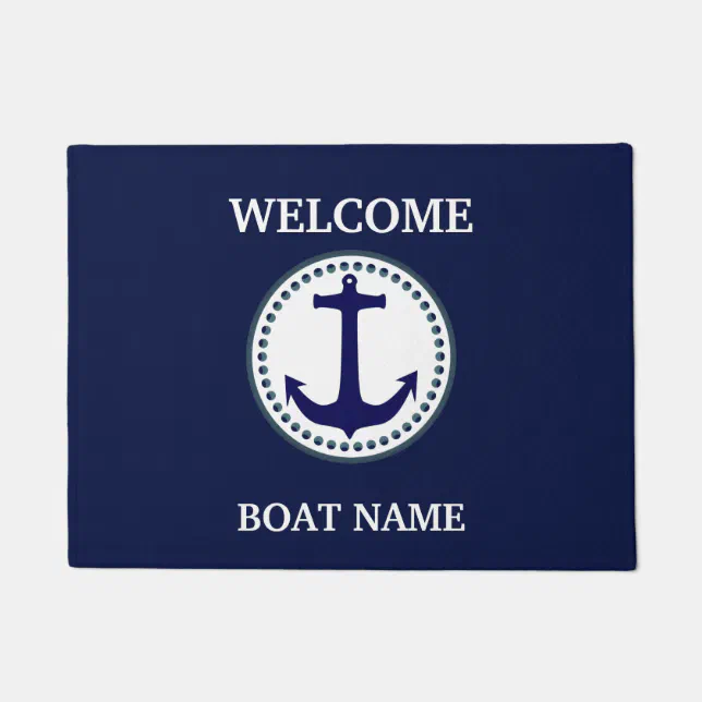 Personalize Nautical Blue Welcome Boat Name Stripe Doormat | Zazzle