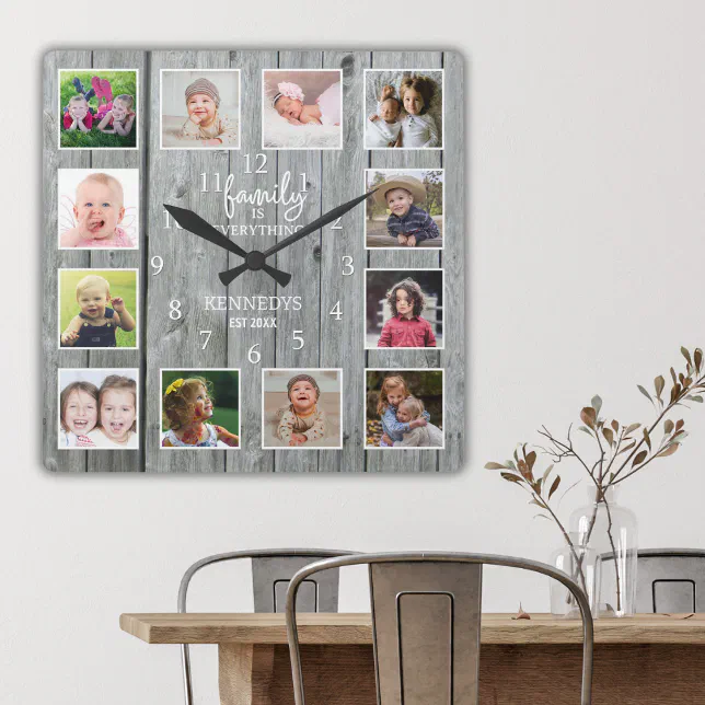 Personalized 12 Photo Collage Family Name Wood Square Wall Clock | Zazzle
