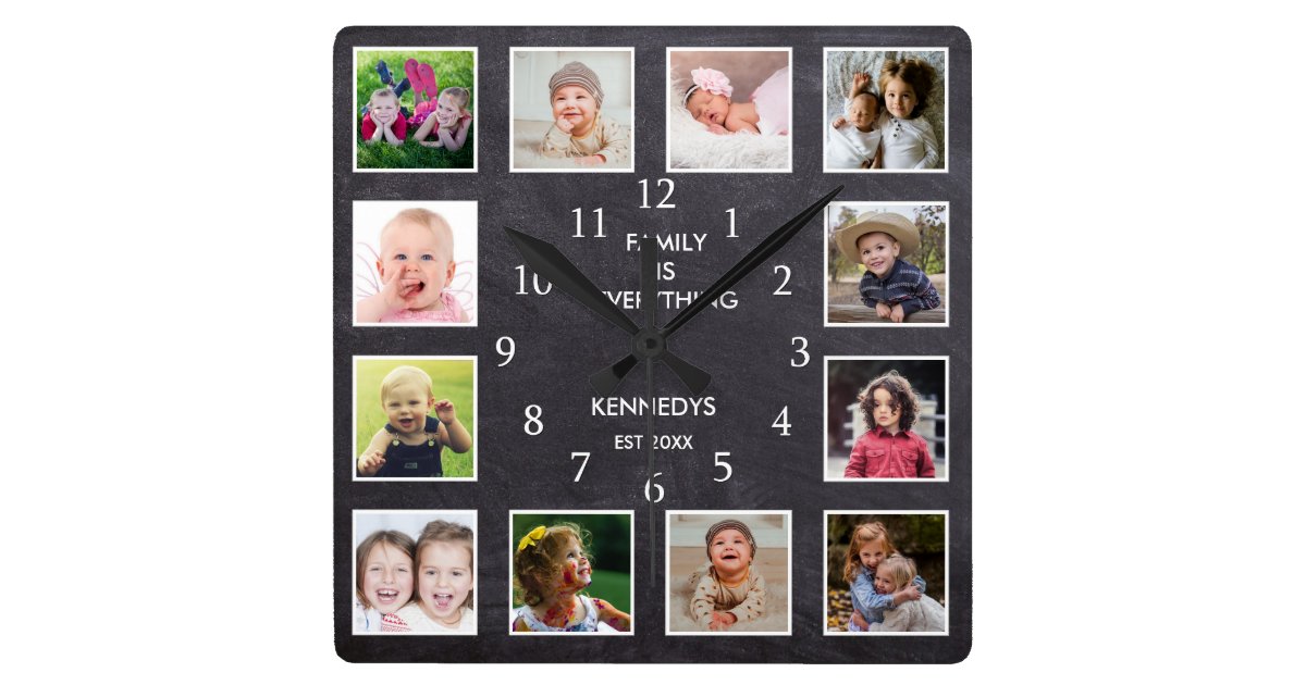 Personalized 12 Photo Collage Frame Chalkboard Square Wall Clock ...