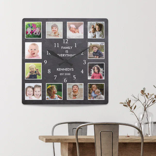 Personalized 12 Photo Collage Frame Chalkboard Square Wall Clock | Zazzle