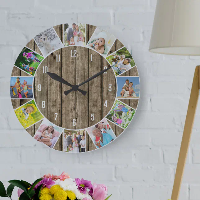 Personalized 12 Photo Collage Natural Wood Round Large Clock | Zazzle