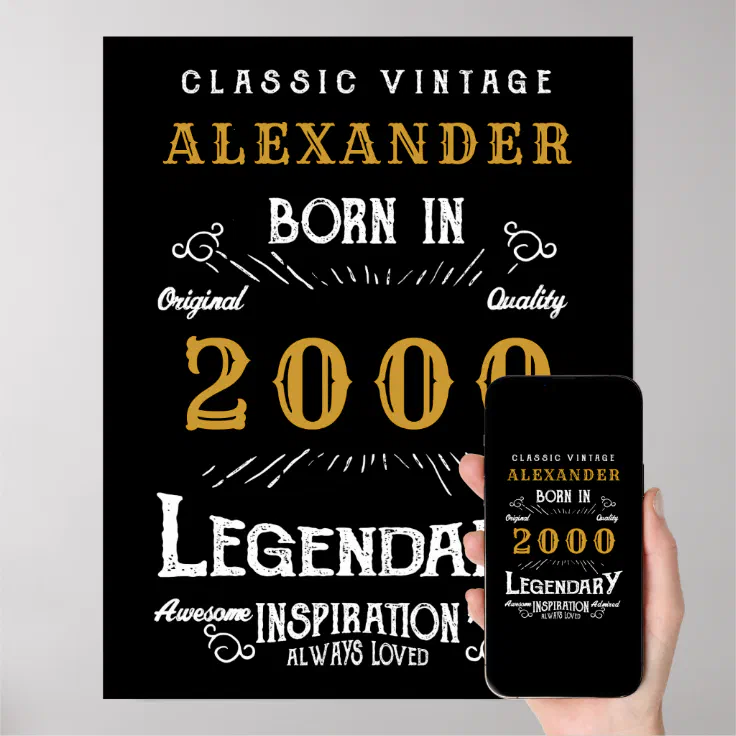 Personalized 21st Birthday Born 2000 Vintage Black Poster | Zazzle