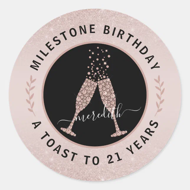 Personalized 21st Birthday Glitter Champagne Toast Classic Round ...