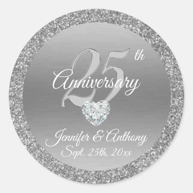 Personalized 25th Anniversary Wedding Silver Classic Round Sticker | Zazzle