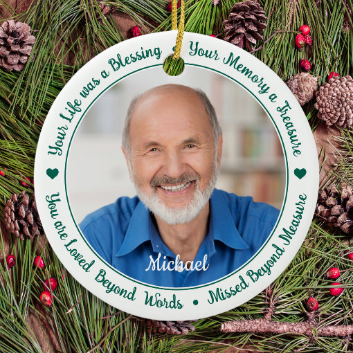 Personalized 2 Photo Christmas Keepsake Memorial Ceramic Ornament | Zazzle