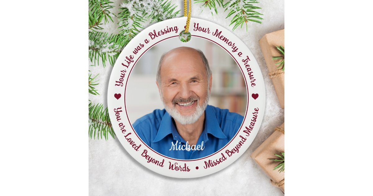 Personalized 2 Photo Christmas Keepsake Memorial Ceramic Ornament | Zazzle