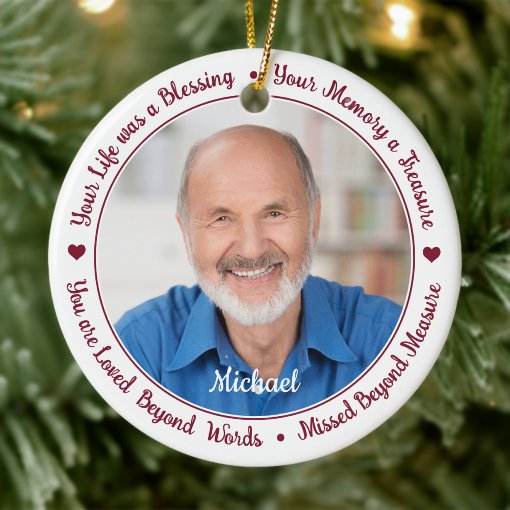 Personalized 2 Photo Christmas Keepsake Memorial Ceramic Ornament | Zazzle
