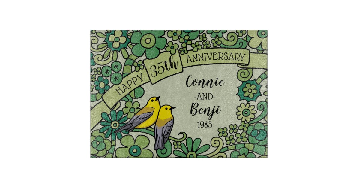 Personalized 35th Anniversary, Jade Floral Birds Cutting Board | Zazzle