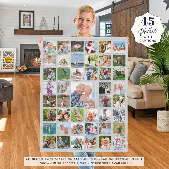 Personalized 45 Photo Collage Captions Your Color Fleece Blanket | Zazzle