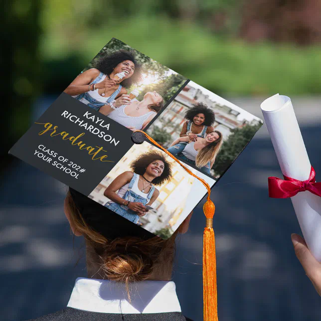 Personalized 4 Photo Collage Gold Graduation Cap Topper | Zazzle