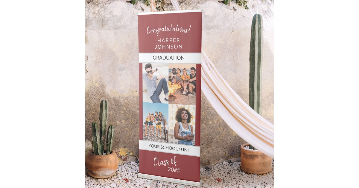 Personalized 4 Photo Collage Maroon Graduation Retractable Banner | Zazzle